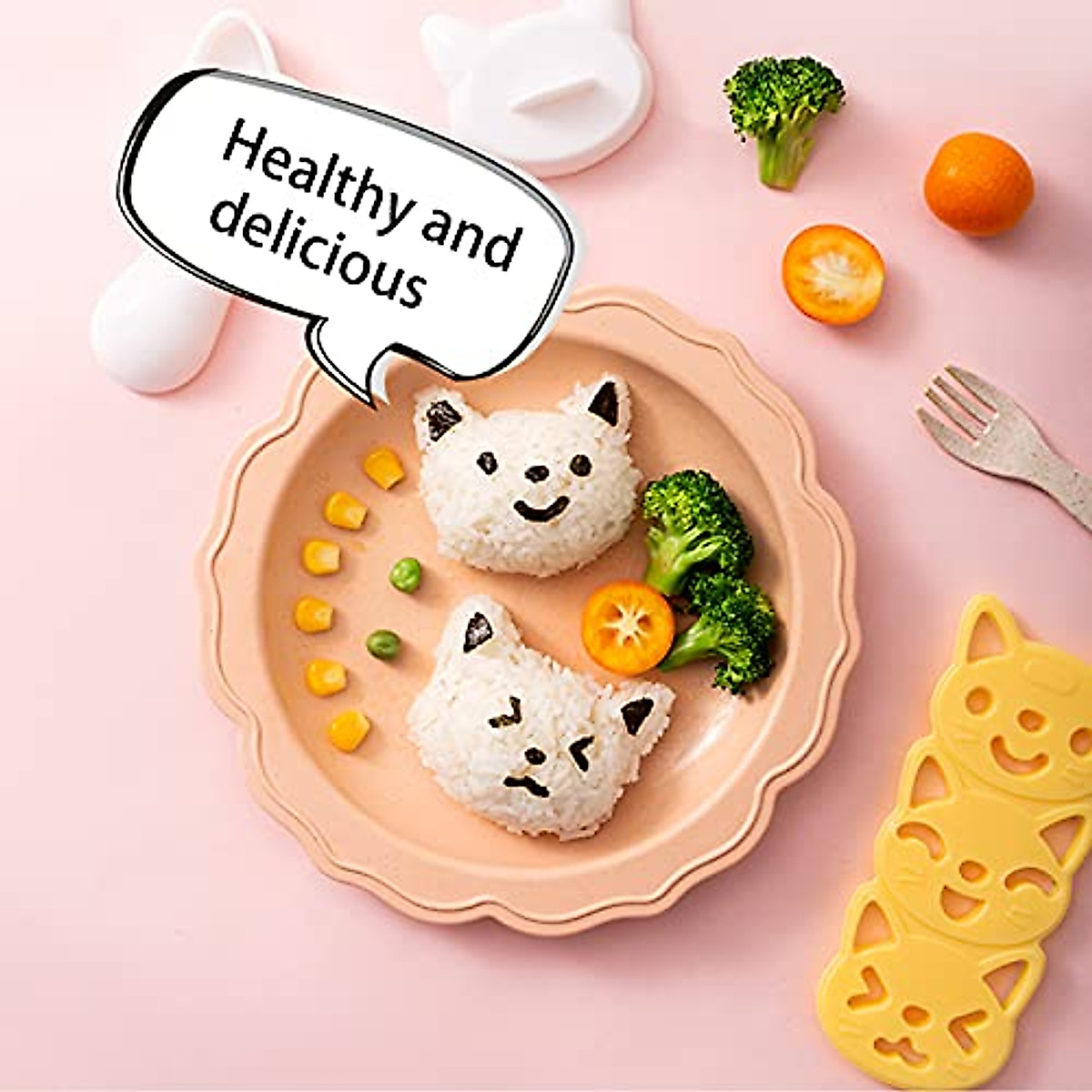 Cute Cat Rice Ball Molds 6 Sets Sushi Molds Bento Accessories Kits with 3PCS Vegetable Fruit Cutter Shapes and 1PC Gimbap Mold Triangle for Nori Rice Making DIY Bento Box Picnic Tools