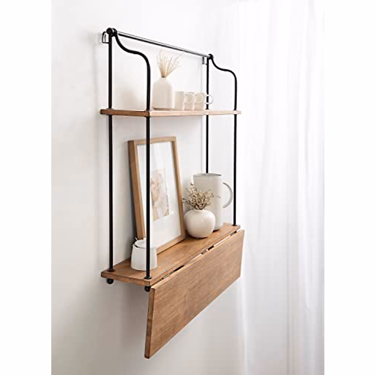 Kate and Laurel Walters Modern Farmhouse Wood and Metal Floating Desk with Folding Drop-Leaf Design, 31x30x14, Rustic Brown/Black