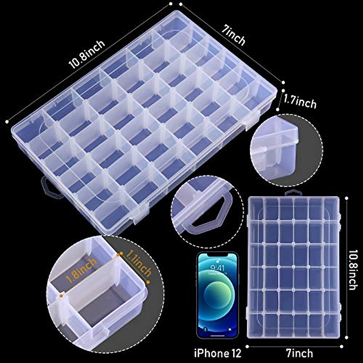 5 Pieces Plastic Jewelry Storage Organizer Boxes Clear Container with Removable Dividers for Beads Nail Art Painting Rhinestone Embroidery Fishing Tackles DIY Crafts Accessories (36 Grids)