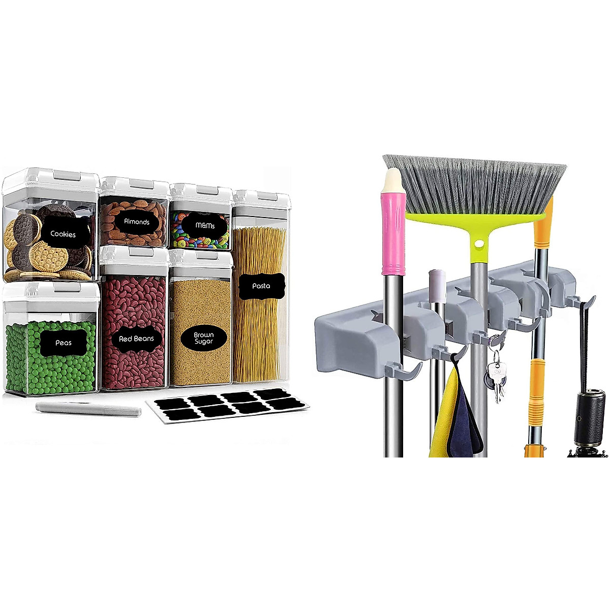 CINEYO 7 Pc's Airtight Food Storage Container & Mop and Broom Holder Wall Mount (Gray)