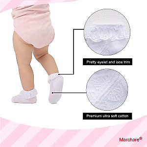 Marchare Baby Lace Socks 3 Pack Infant Baby Girls' Ruffle Frilly Socks Eyelet Princess Cotton Socks,White 6-12 Months