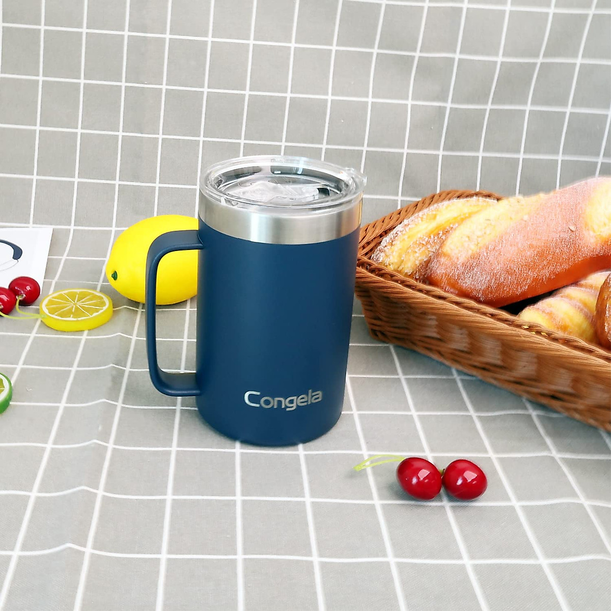 Congela stainless steel insulated coffee mug with 2 lids and big handle, tea cups with replacement lids, travel coffee mug tumbler for camping(18OZ Navy)