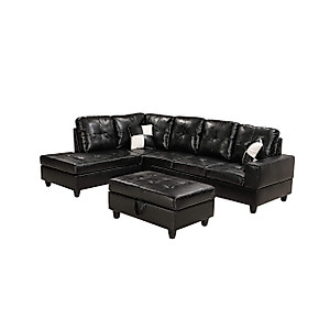 OPTOUGH Sectional Sofa Set 3 Piece for Living Room Furniture, Faux Leather Couch with Left Chaise Lounge,Storage Ottoman and Pillows,Black