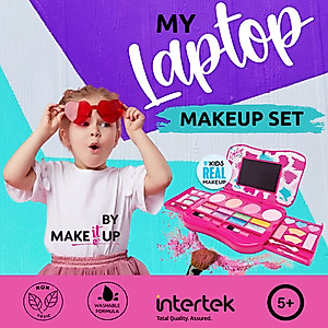 My First Makeup Set for Young Girls I Kids Makeup Kit for Little Girls I Foldable Makeup Palette with Makeup Mirror I Pink Set Makeup for Kids Vanity I Washable Laptop Design Toddler Makeup Kit Gift