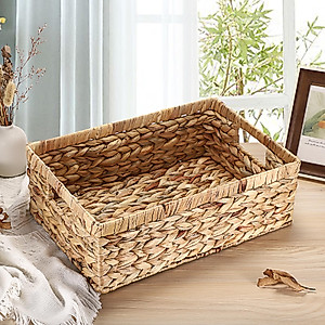 GUSHBIN Woven Open Storage Bins Large Wicker Shelf Basket with Built-in Handles Natural Water Hyacinth Storage Baskets for Toiletries Books Fruits Organizing,15 x 10.2 x 5 inches