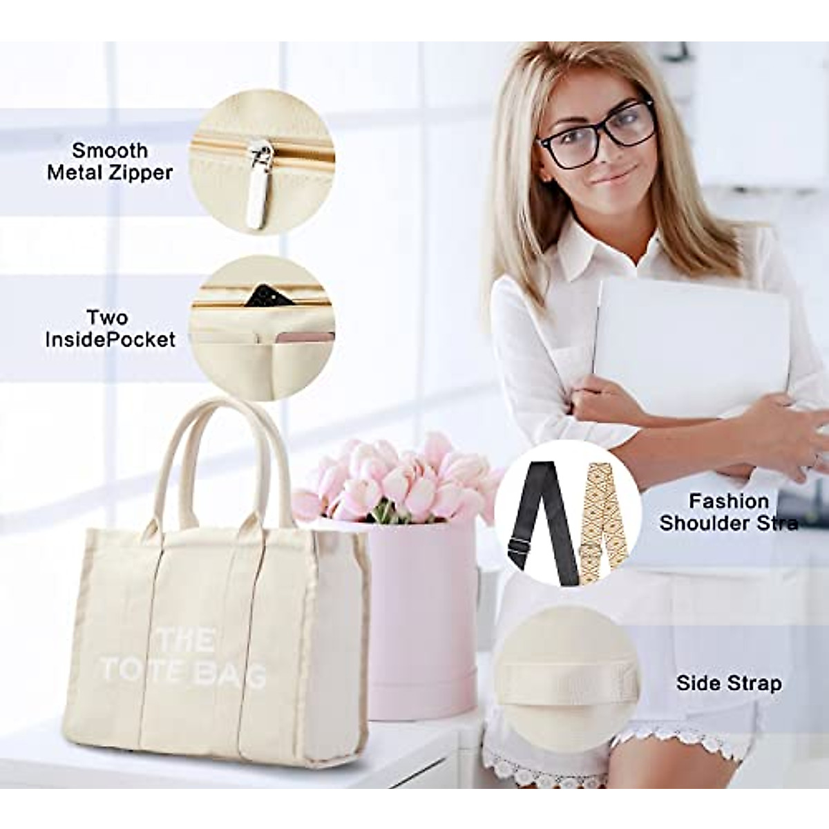 Tote Bags for Women - Canvas Tote Bags Shoulder Crossbody Bags Purse with Zipper School Fashion Handbag (White, 13in X 5.5in X 10in)