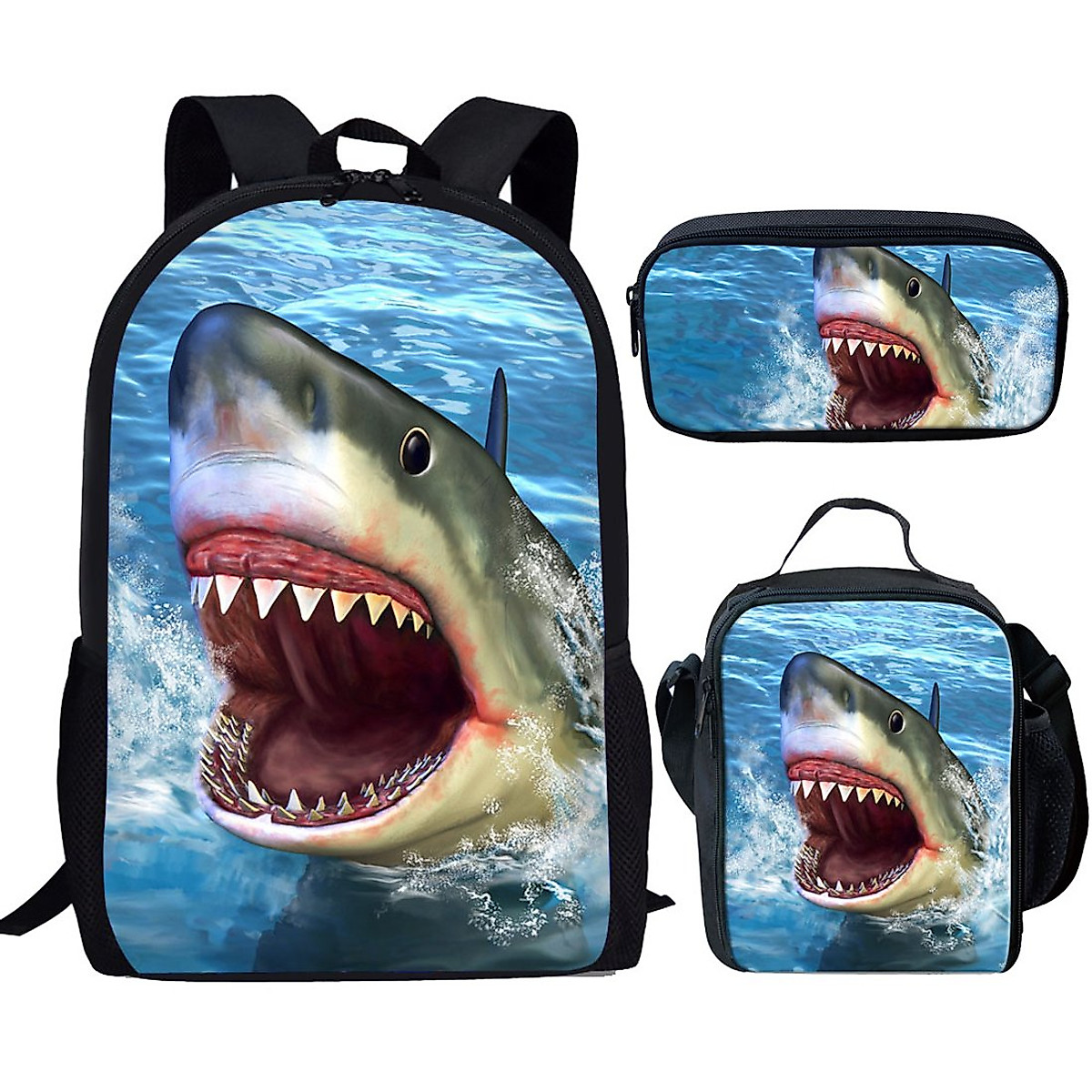 Showudesigns Cool Shark Boys School Backpack Insulated Lunch Bag Small Pencil Case Ocean Theme Rucksack Knapsack Lightweight