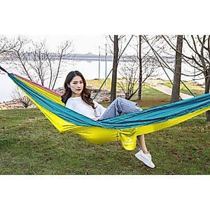 Favorland Camping Hammock Double & Single with Tree Straps for Hiking, Backpacking, Travel, Beach, Yard - 2 Persons Outdoor Indoor Lightweight & Portable with Straps & Steel Carabiners Nylon(Yellow)