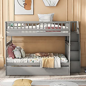 UBGO Full Over Full Bunk Bed with Pull Out Trundle Bed and Storage Stairs, Safety Rails, Full Size Bunk Bed for Kids Teens Adults, Space Saving, Easy to Assemble, Grey