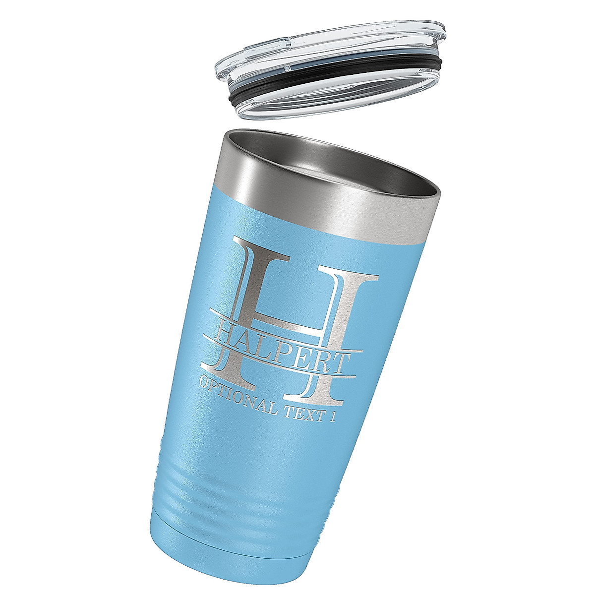 Personalized 20oz (17 Colors) Powder Coated Insulated Stainless Steel Tumbler with Lid, Custom Etched, Customized Engraved Gift Idea for Women Men Her Him, Halpert Monogram Initial Name (Light Blue)