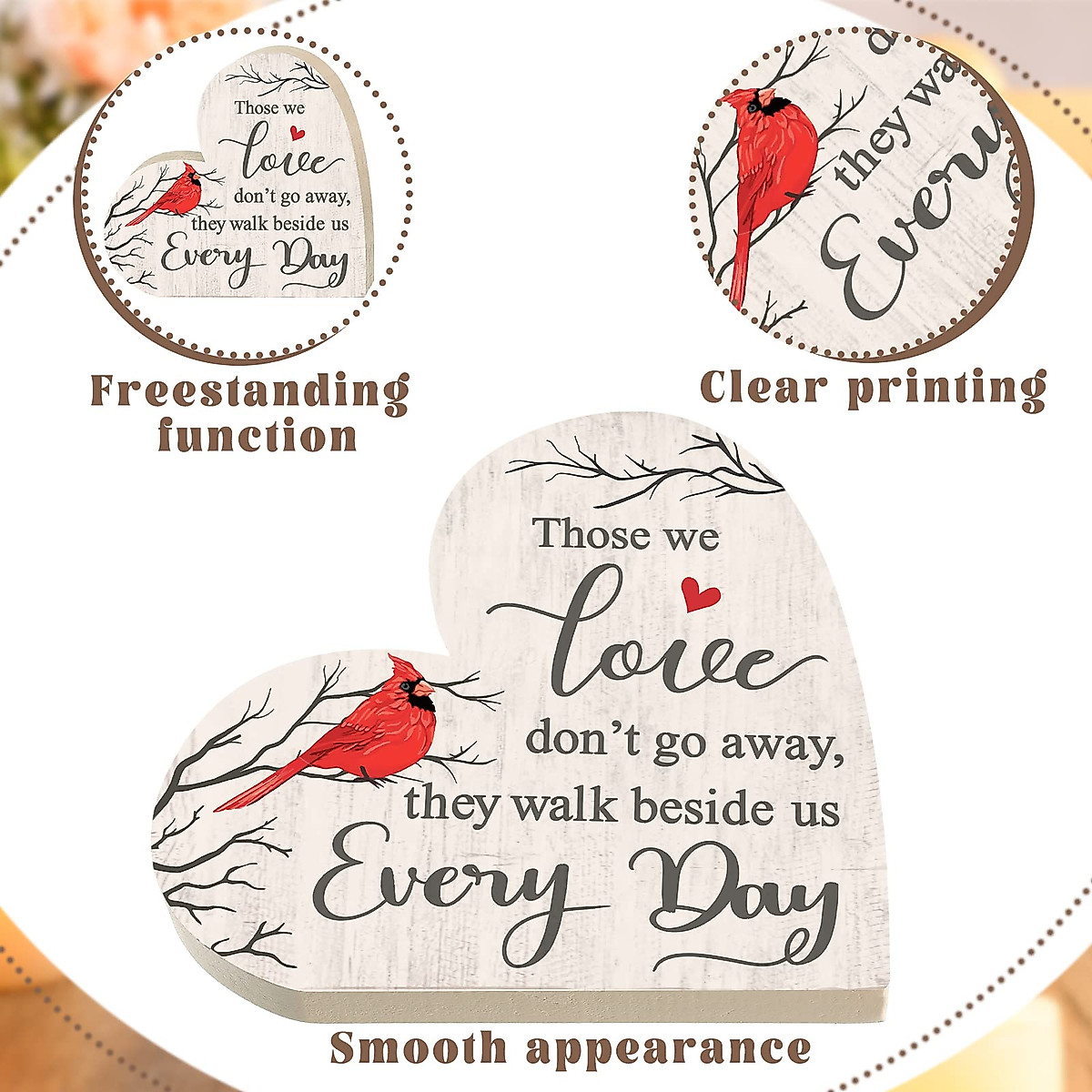 Sympathy Gift Memorial Heart Present for Loss of Loved One Wooden Remembrance Bereavement Gift Condolence Sign Loss of Father Mother Son Brother Decor 6.3 x 6 x 0.7 Inches (Cardinal Style)