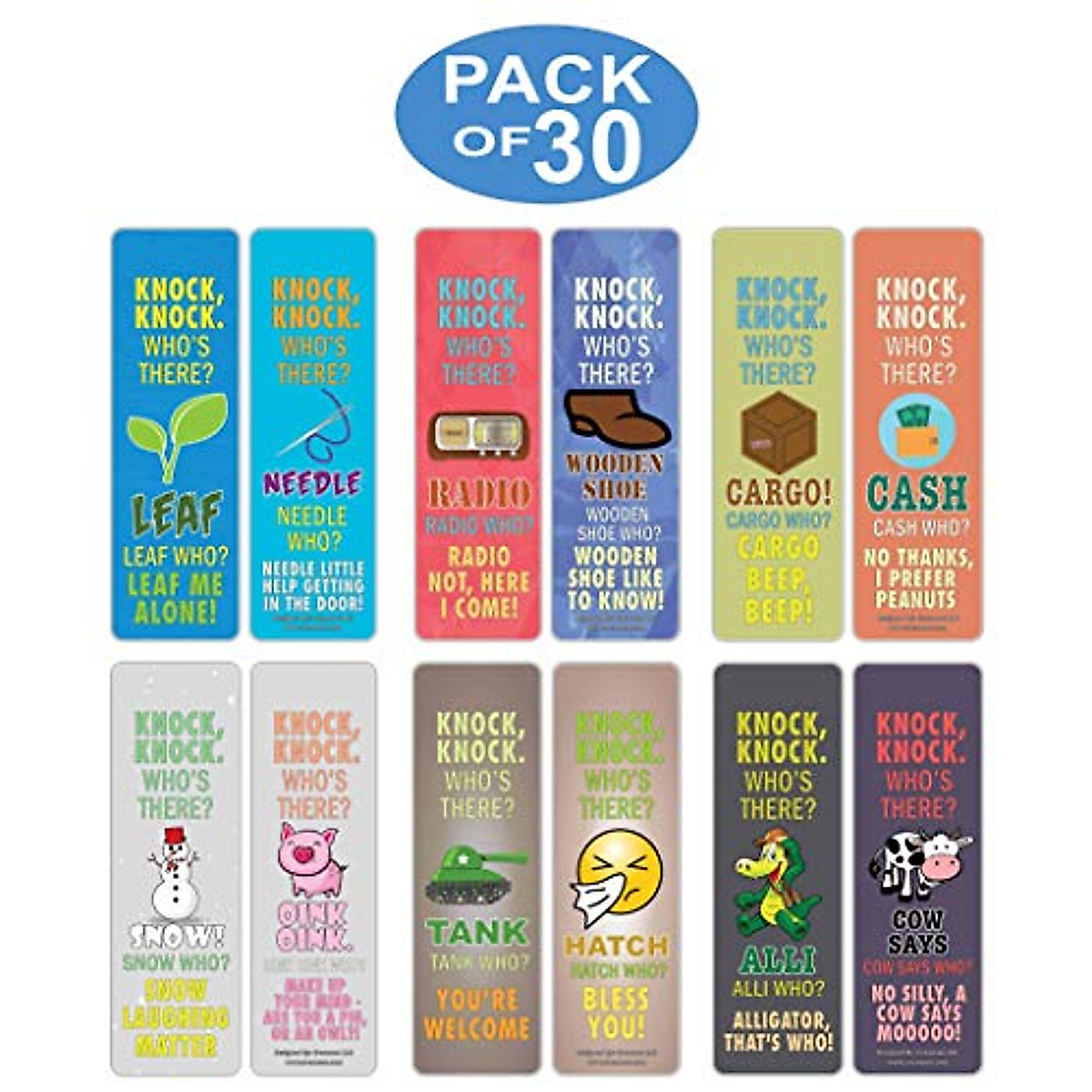 Creanoso Funny Knock-Knock Jokes Puns Bookmarks (30-Pack) – Unique Stocking Stuffers Gifts for Boys & Girls, Unisex Adults – Cool Book Page Clippers Collection Set for Knock-Knock – Awesome Giveaways