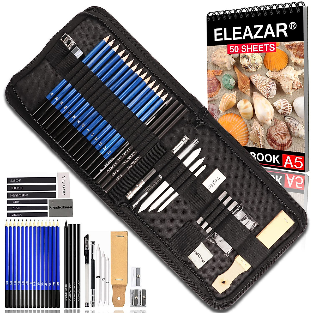 ELEAZAR35 Drawing Pencil Set in a portable zippered case (with 50-page A5 sketchbook) Includes sketching pencils and accessories for children, adults, beginners and professionals