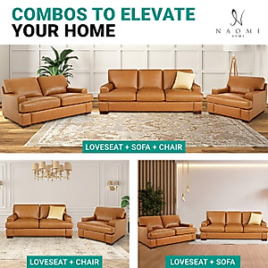 Naomi Home Siggy Genuine Leather Loveseat - Luxurious Comfort, Goose Feather Cushion Filling, Square Arm Design, Sturdy Block Legs, Elegant Tan - Ideal for Living Room, Office, or Bedroom