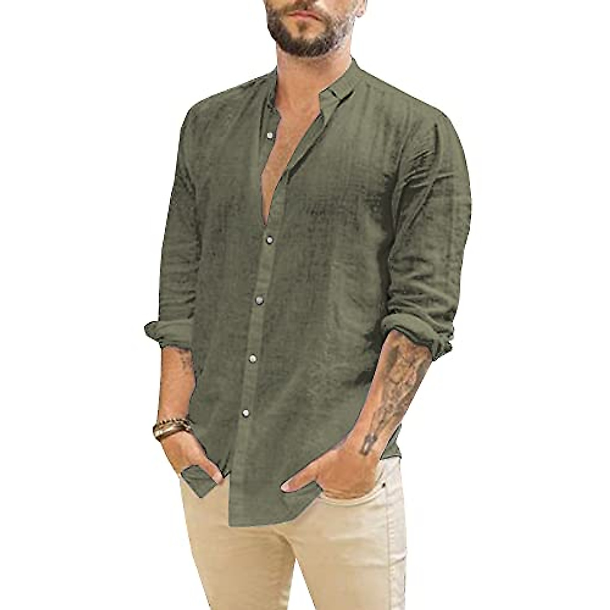 Makkrom Men's Cotton Linen Shirts Long Sleeve Button Down Band Collar Summer Beach Shirt Top Army Green