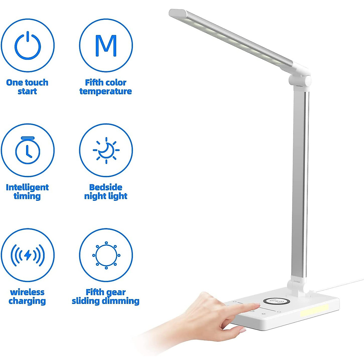 LED Desk Lamp with Wireless Charger, USB Charging Port, Touch Control Desk Lamp with 5 Color Modes, 7 Brightness Levels, Auto Timer, Dimmable Eye Caring Reading Desk Light for Study Home Office
