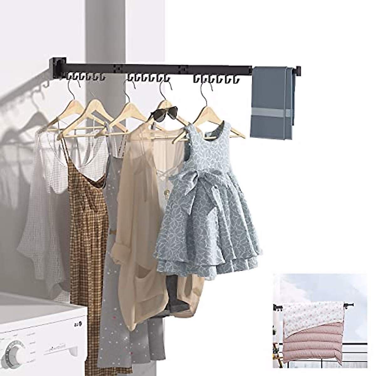 PLKO Retractable Clothes Drying Rack,Wall Mounted Clothes Hangers， Space Saver Laundry Drying Rack for Balcony,Laundry,Bathroom,Patio and Bedroom (3-Pole Black)