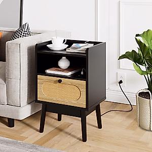 Lomojo Rattan Nightstand Set of 2, Bedside Table with Charging Station, Modern Night Stand,Wood Boho Side Table,Mid Century Small End Table with Drawer for Bedroom (black2)