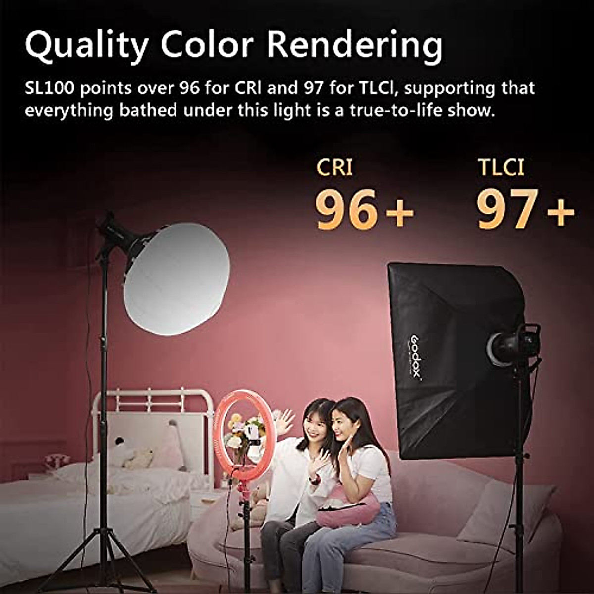 Godox SL100D LED Video Light, with Godox RC-A6 Remote Controller, 100W 5600K 32,100Lux @1M CRI 96+ Daylight LED Continuous Light, 8 FX Effects Studio LED Light with Bowens Mount