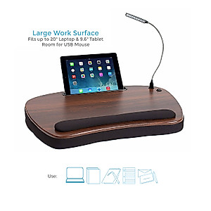 Sofia Sam Oversized Wood Top Memory Foam Lap Desk with Detachable USB Light and Tablet Slot (Black) Supports Laptops Up To 20 Inches