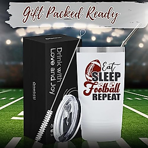 Onebttl Football Lovers Gifts, Funny American Football Gifts for Coach, Men, Dad on Birthday Christmas, 20oz Stainless Steel Tumbler, White, Eat Sleep Football Repeat