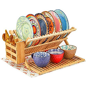 Bamboo Dish Rack, Dish Drying Rack Large, 3 Tier Bamboo Dish Holder, Collapsible Dish Drying Holder, Dish Drainer with Utensil Holder, Dish Organizer, Foldable, Large, Drying Mat included