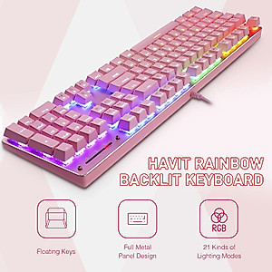 havit Havit Mechanical Gaming Keyboard and Mouse Combo Blue Switch 104 Keys Rainbow Backlit Keyboards, 4800 Dots Per Inch 7 Button Mouse Wired for PC Gamer Computer Laptop (Pink) (Renewed)