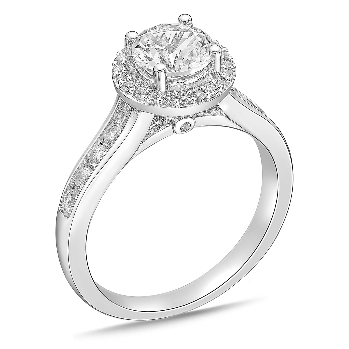 .925 Sterling Silver Lab Grown White Sapphire Halo Cathedral Style Engagement Ring with Channel Set Band - Size 7