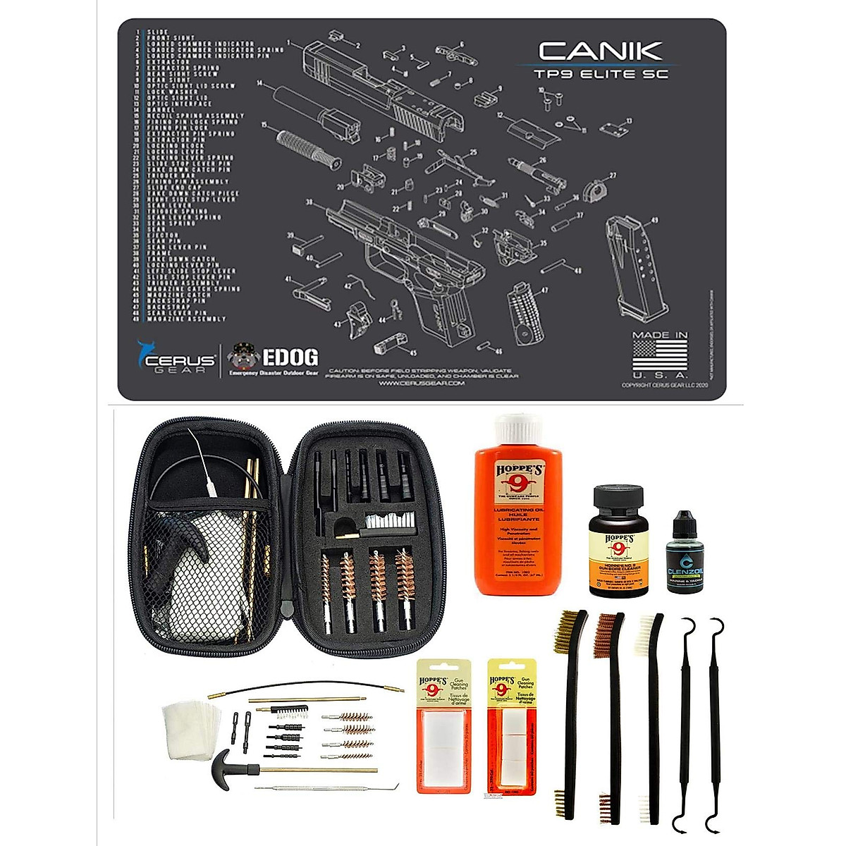 EDOG Range Warrior 27 Pc Gun Cleaning Kit - Compatible with Canik TP9 Elite SC - Schematic (Exploded View) Mat, Range Warrior Universal .22 9mm - .45 Kit & Tac Book Accessories Set