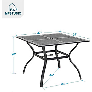 MFSTUDIO 37" x 37" Square Outdoor Dining Table Patio Bistro Table Powder-Coated Steel Frame Top Umbrella Stand Deck Outdoor Furniture Garden Table, Black