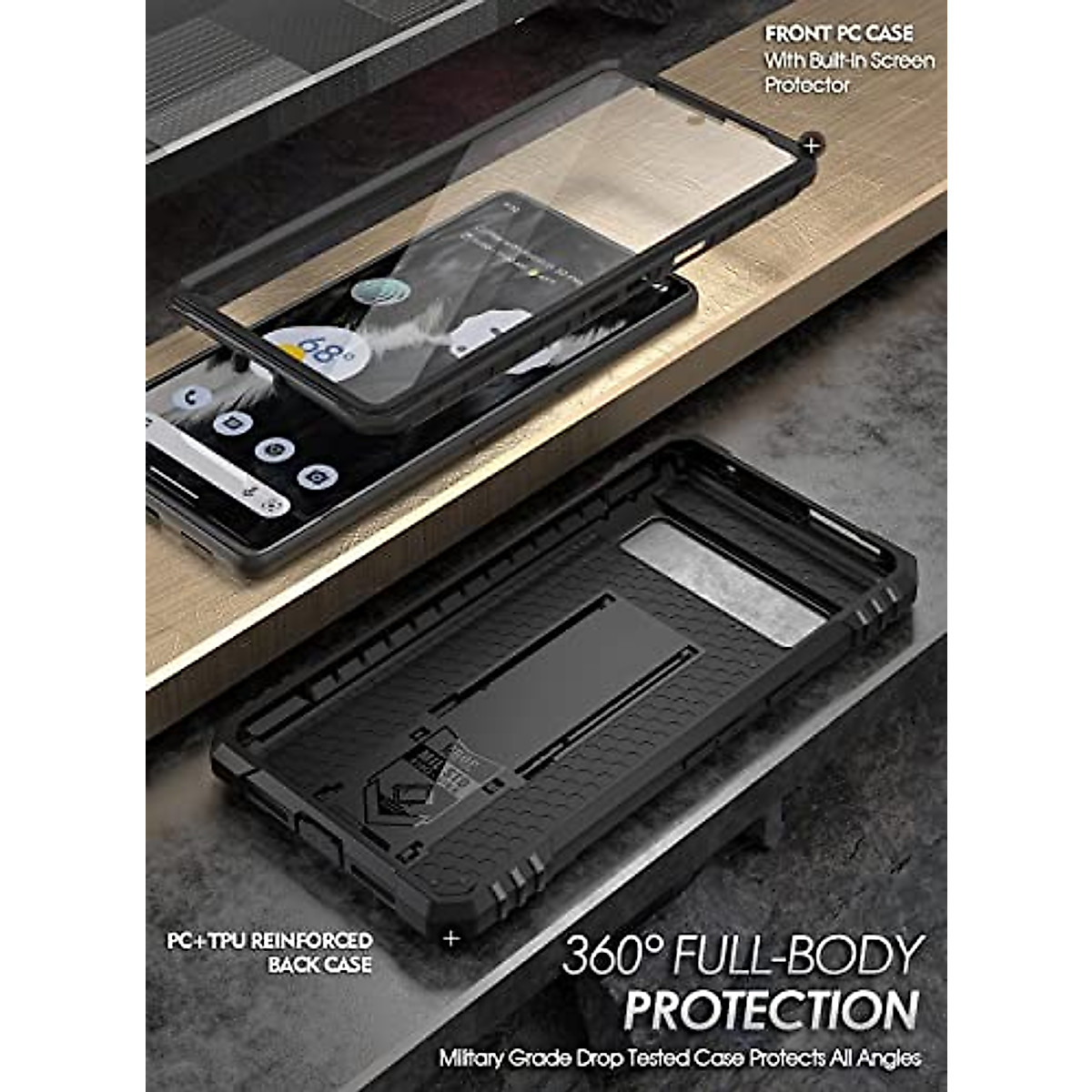 Poetic Revolution Series Case Designed for Google Pixel 7 5G with Built-in Screen Protector, Work with Fingerprint ID, Full Body Rugged Shockproof Protective Cover Case with Kickstand, Black