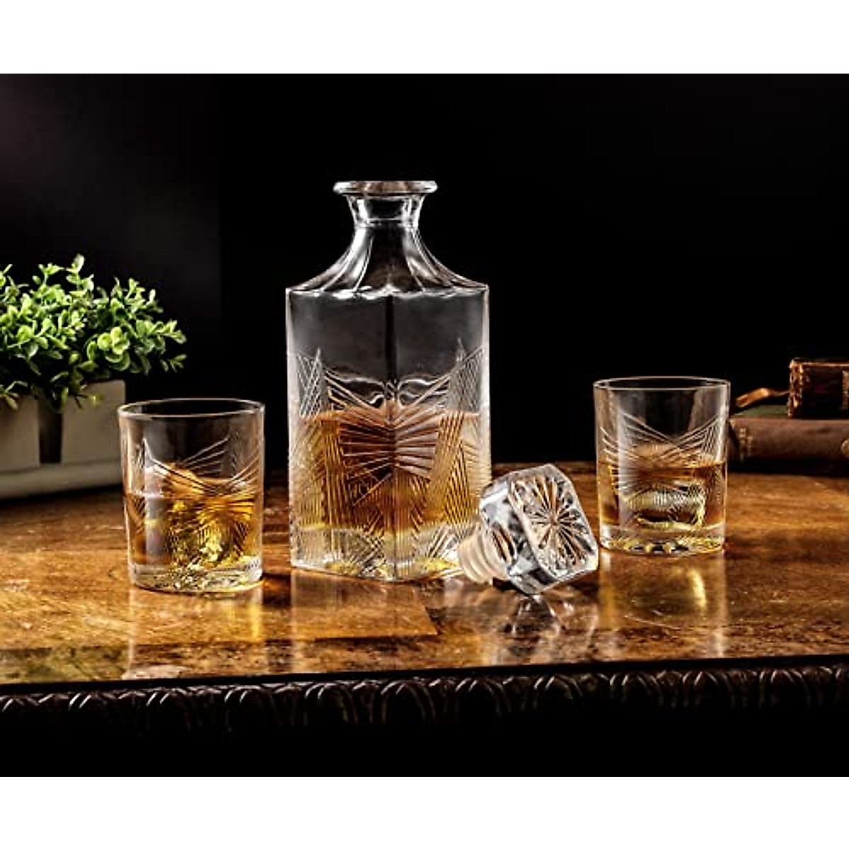 JoyJolt Gatsby Glass Whiskey Decanter. 27 oz Airtight Liquor Dispenser. Liquor Decanter with Stopper. Art Deco Bottle for Whisky, Bourbon, Scotch, Brandy, Cognac, Rum and Bar Cart Accessories