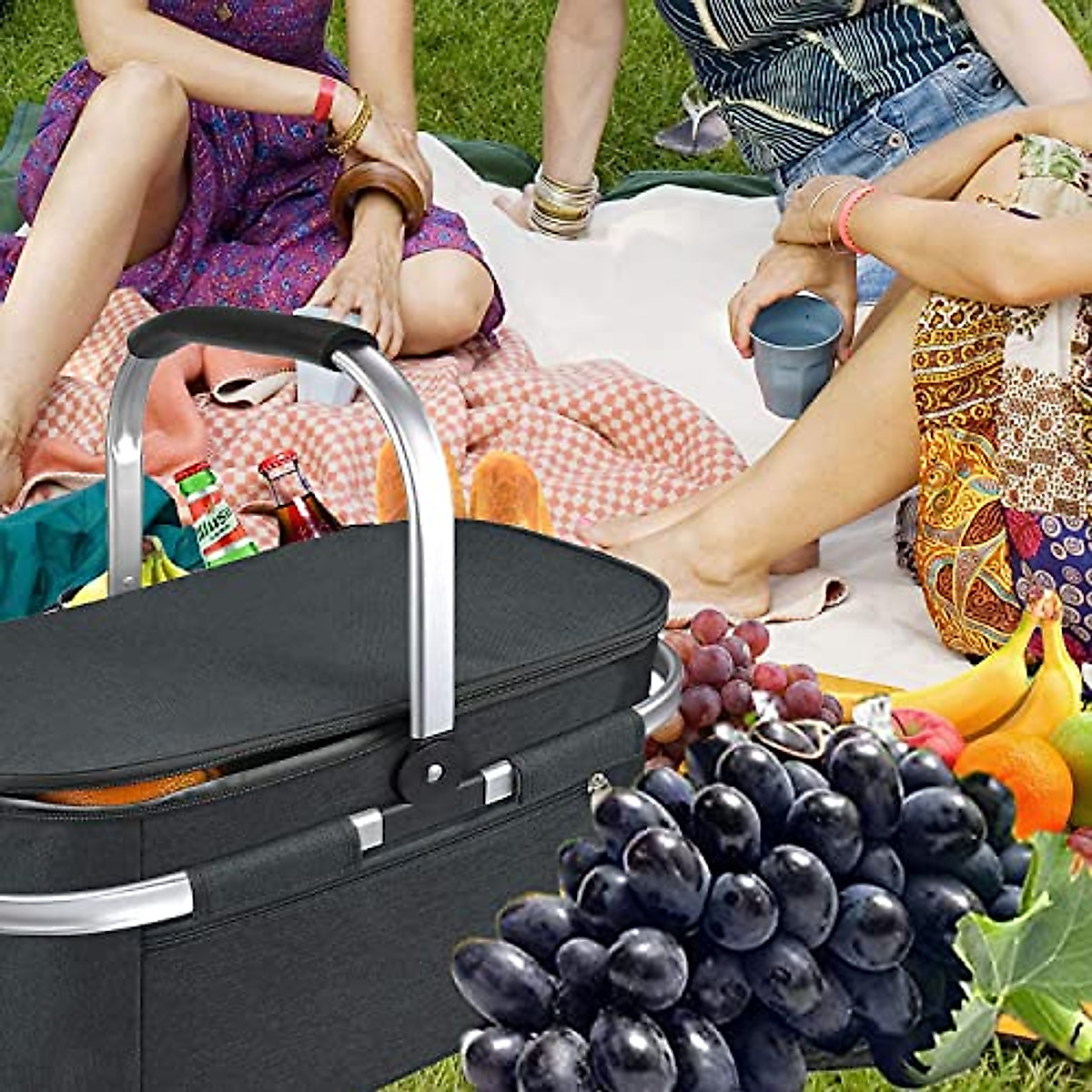 Picnic Basket Foldable Insulated with lid 32L Extra Large Insulated Bag for Picnic, Food Delivery, Take Outs, Grocery Shopping, and as Cooler Bag. Foldable Design