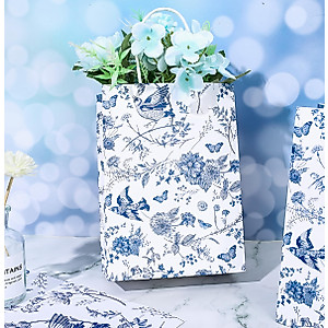 AnyDesign 16Pcs Floral Paper Gift Bags Blue White Party Bags with Handles Chinoiserie Hydrangea Branches Decorative Packaging Bags for Wedding Birthday Party Supply