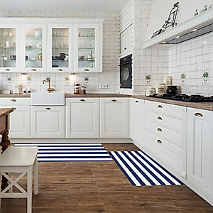 Anti-Fatigue Kitchen Mats Standing Rugs Set of 2 Simple Navy Blue and White Striped Non-Slip Area Runner Floor Doormat Ocean Nautical Theme Washable Cushioned Carpet for Bedroom Bathroom Decor