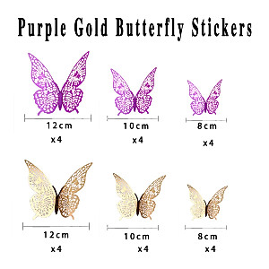 3D Purple Gold Butterfly Wall Stickers, 24 PCS 3 Sizes Butterfly Wall Decals, Removable Metallic Gold Wall Sticker Room Mural for Paper Art Party Cupcake Kids Bedroom Classroom Wedding Balloon Decors