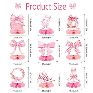 9 PCS Pink Bow Honeycomb Centerpieces Party Decorations, Coquette Birthday Decorations Girl Bow Theme Party Decor Pink Bow Table Decor for Girl Bachelorette Baby Shower Bridal Shower Party Supplies