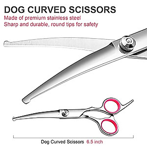FAIGEO Dog Grooming Scissors Kit with Safety Round Tips Stainless Steel Professional Dog Grooming Shears Set - Thinning, Curved Scissors and Comb for Dog Cat Pet