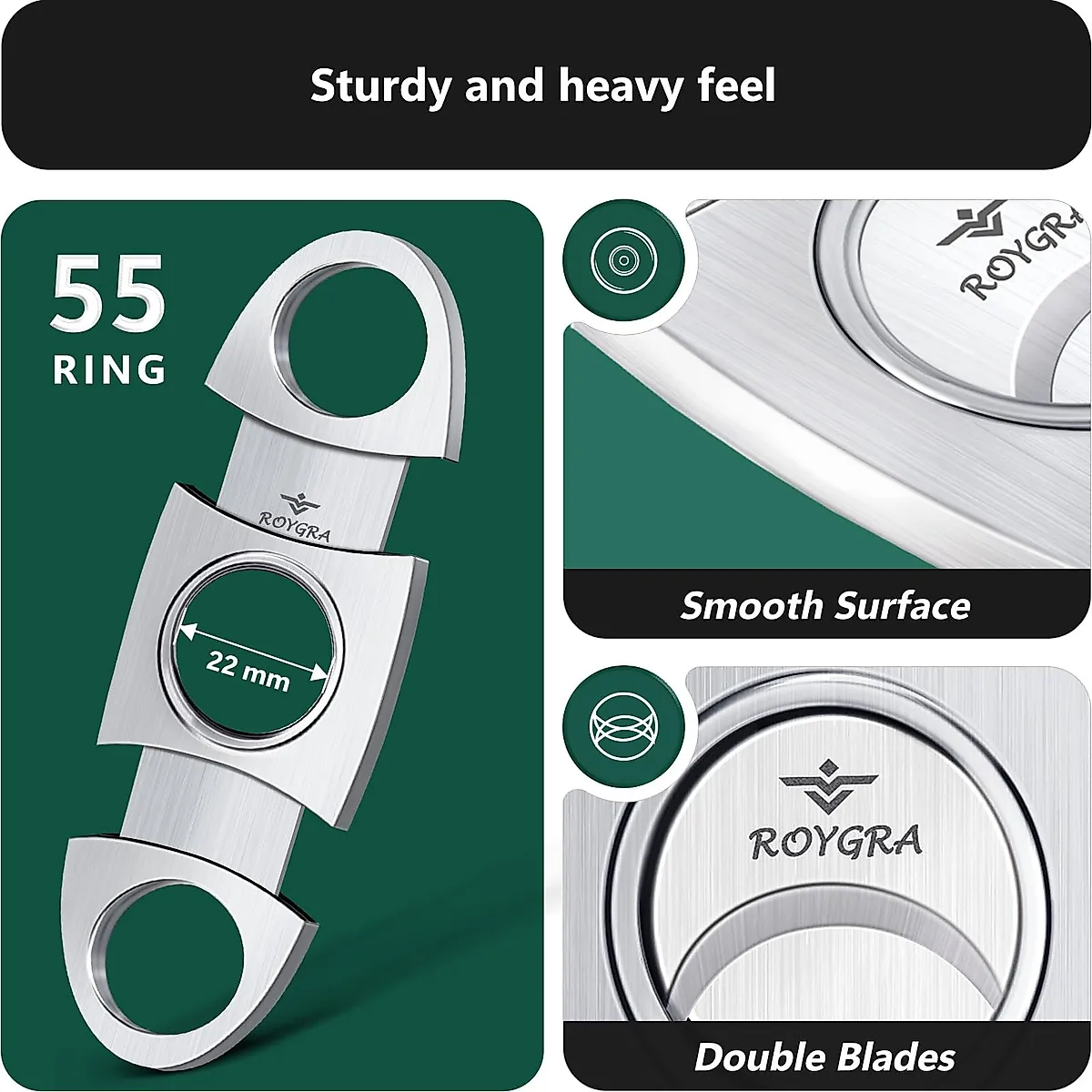 roygra Cigar Cutter 2 Pack, Stainless Steel Double Blade Guillotine (Silver)