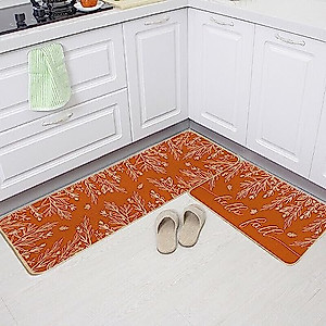 GEEORY Fall Kitchen Mats, Set of 2 Leaves Hello Fall Floor Mat Farmhouse Seasonal Holiday Party Decorative Home 17x29 and 17x47 Inch (Orange) GK066