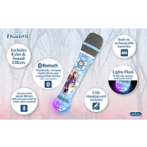 eKids Disney Frozen 2 Bluetooth Karaoke Microphone with LED Disco Party Lights, Portable Speaker Compatible with Siri Google Assistant, for Fans of Frozen Toys and Gifts