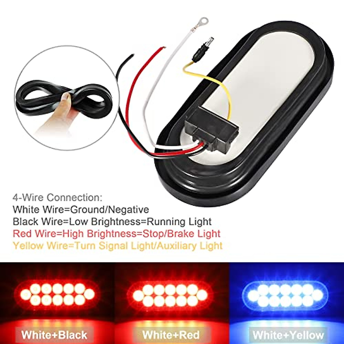 Partsam 2Pcs 6.7 Inch Oval Red Stop Turn Tail Lights and Blue Auxiliary Lights Kit 12 Diodes w/Rubber Grommets & 3-Prong Wire Pigtails Red/Blue Oval Led Truck Trailer Tail Lights and Auxiliary Lights