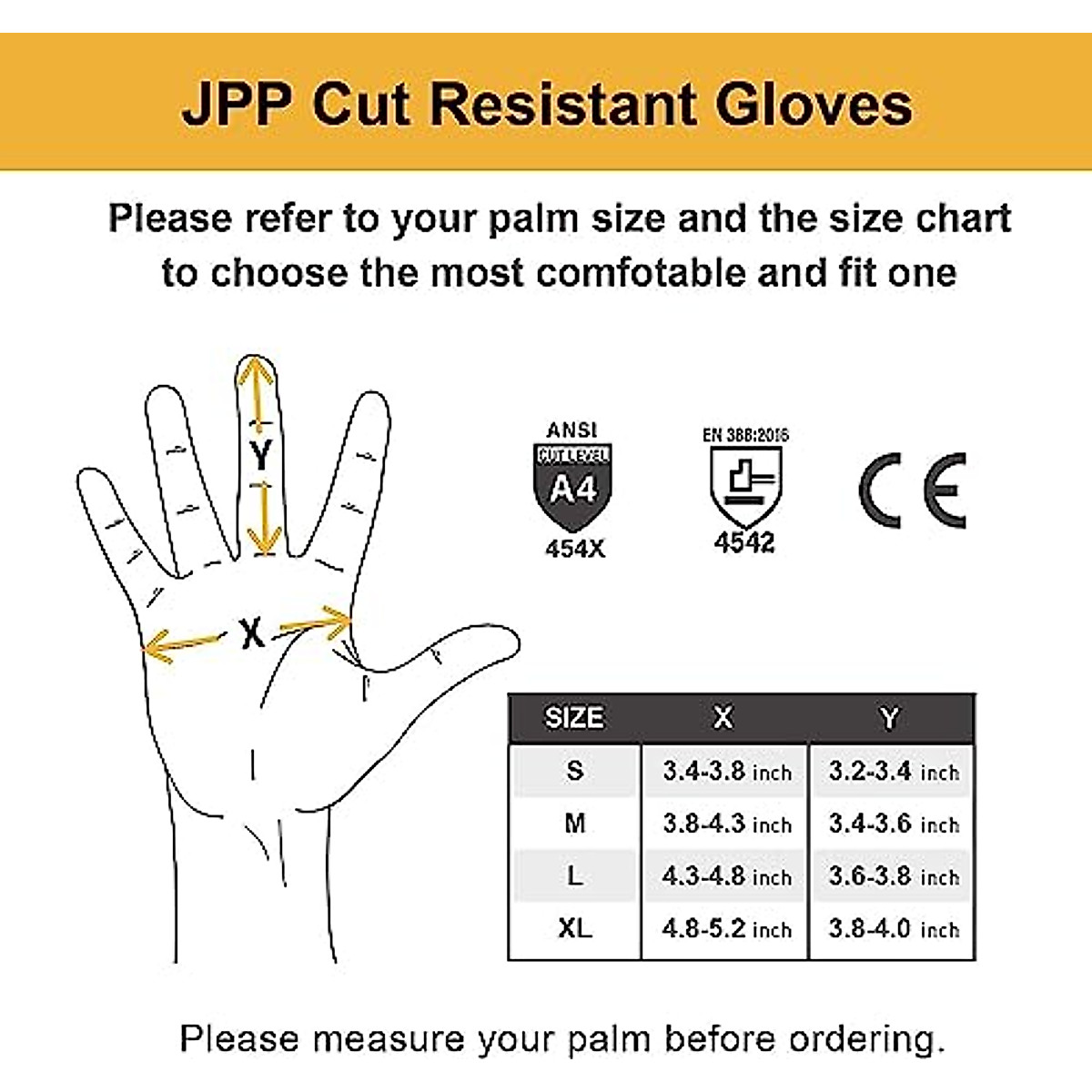 JPP Premium Cut Resistant Gloves, Cutting Proof CE Level 5 Protection, Food Grade Safe, Ambidextrous, 3D-Comfort Fit, Machine Washable, Dexterity, Lightweight, 1 Pair, Size 8, Medium