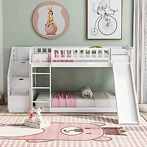 Harper & Bright Designs Twin Over Twin Bunk Bed with Slide and Guardrail, Floor Bunk Bed with Stairway/Two Drawers/Handrail, Space-Saving Bedroom Dormitory Furniture (White)