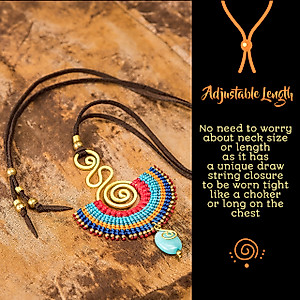 Boho Hippie Necklace for Women, Ethnic Gold Necklace, Handmade with Natural Crystal, Adjustable Length, Pendant Necklace, Aesthetic Jewelry, Women Gift (Red Blue Yellow Navy Blue)