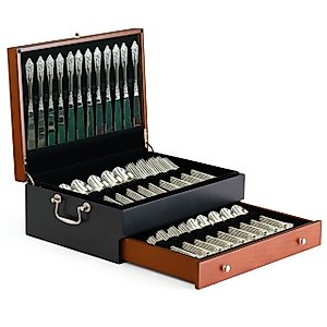 Silverware Storage Box Flatware Storage Case with Dual Tone Wooden Finish Drawer and Tarnish Proof Felt Lining to Store Sterling Silver Ware Cutlery Sets 15x11 Inch Size Service for 14