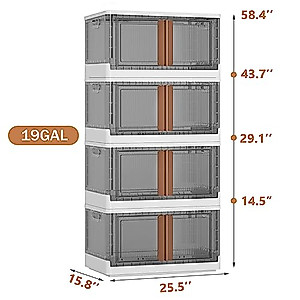 4 Packs 19Gal Plastic Storage Bins with Lids for Closet Organizers and Storage, Collapsible Folding Stackable Storage Box with Open Front Door, wheels for Office, School, Home Storage