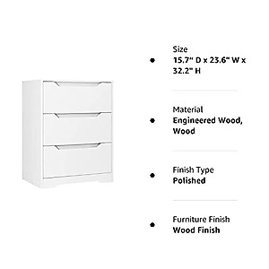 HOSTACK Modern 3 Drawer Dresser, Wood Chest of Drawers with Storage, Tall Nightstand with Cut-Out Handles, Side End Table, Accent Storage Cabinet for Living Room, Bedroom, White