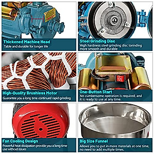 Electric Grinder, Woueniut High Power Adjustable Thickness Grain Mill Electric Dry Powder Machine for Spices Seeds Herb Rice Corn