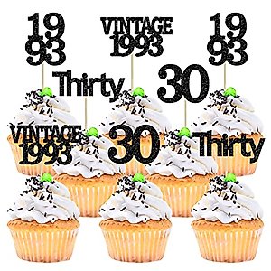 Gyufise 24Pcs Vintage 1993 Cupcake Toppers Cheers to 30 Fabulous Thirty Cupcake Picks Decorations for 30th Birthday Wedding Anniversary Party Supplies Black